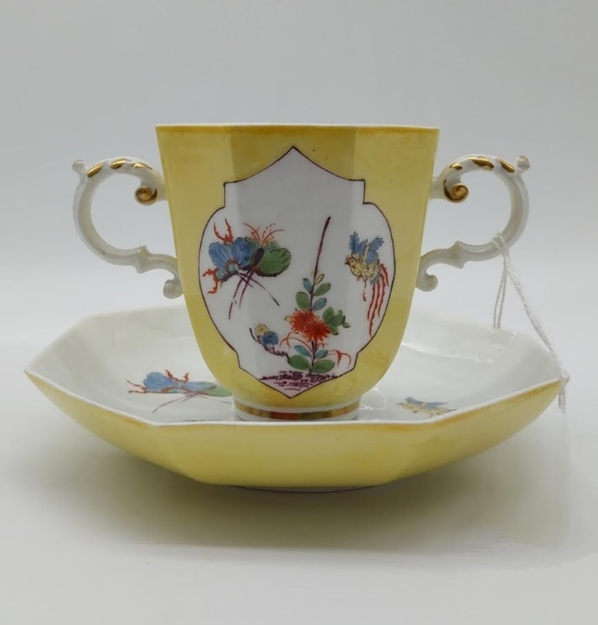 Meissen octagonal yellow-ground double-handled beaker and saucer circa ...